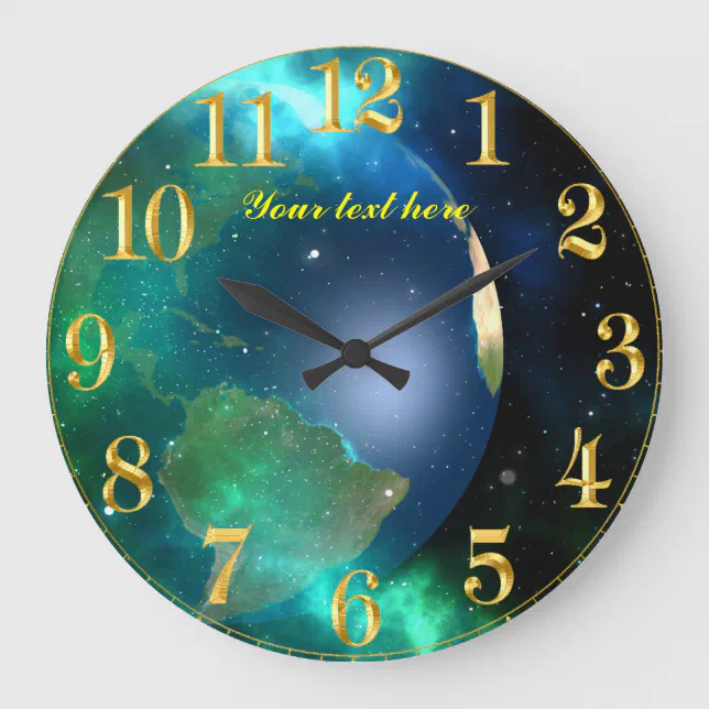 World planet space view with golden numbers large clock | Zazzle