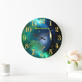 World planet space view with golden numbers large clock | Zazzle
