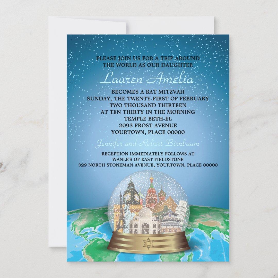 World Travel Bar Bat Mitzvah Snow Globe Invitation | Zazzle