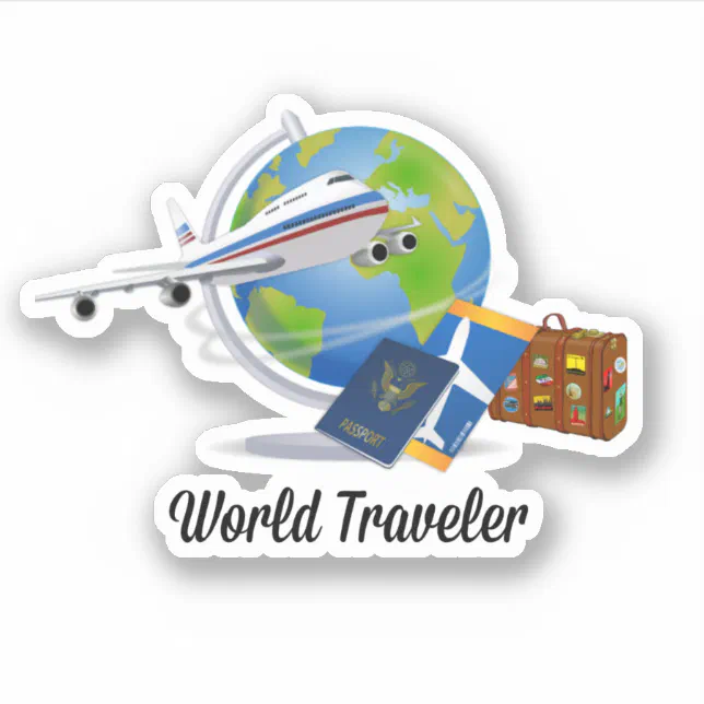 World traveler, airplane, suitcase, passport... sticker | Zazzle