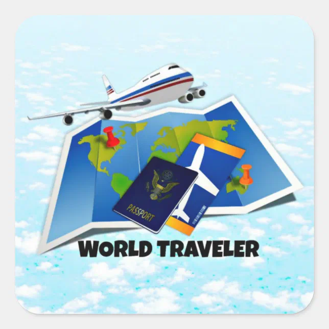 World Traveler - Map, Passport, and Tickets Square Sticker | Zazzle