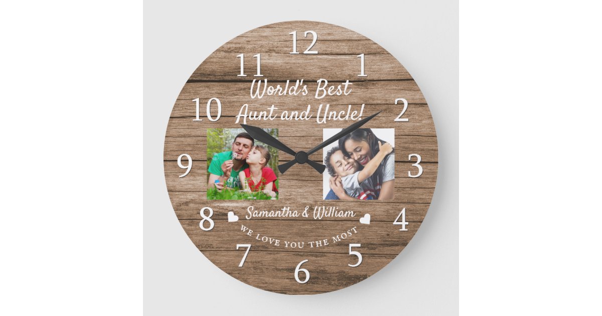 World's Best Aunt And Uncle 2 Photo Rustic Wood Large Clock | Zazzle