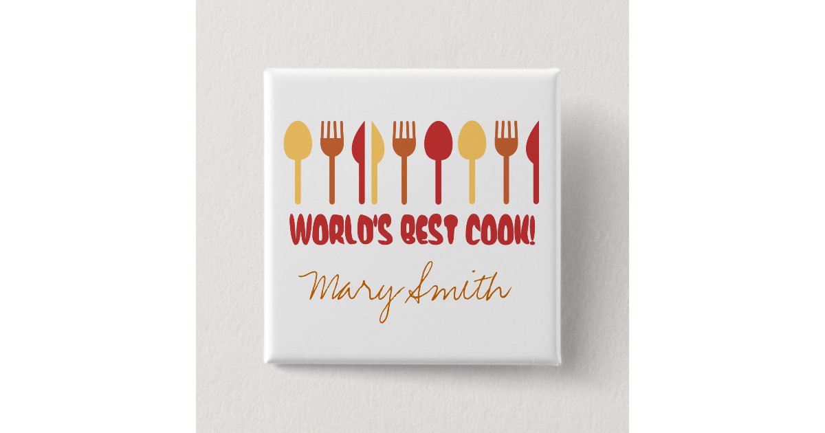 World's Best Cook Custom Name Red Orange Button | Zazzle