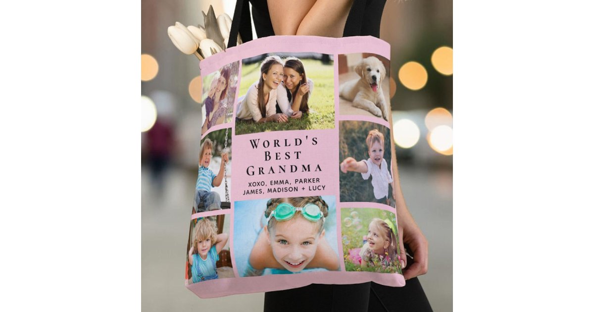 World's Best Grandma 8 Photo Collage Pink Tote Bag | Zazzle