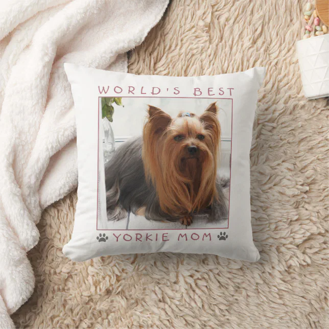 World's Best Yorkie Mom Pink Gray Paw Prints Photo Throw Pillow | Zazzle