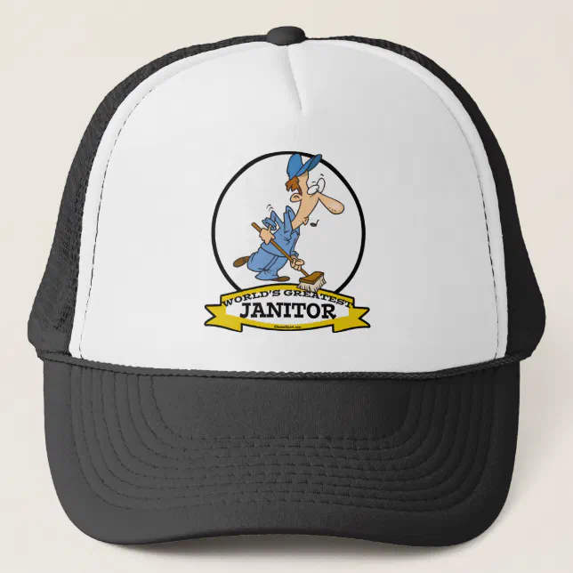 WORLDS GREATEST JANITOR CARTOON TRUCKER HAT | Zazzle