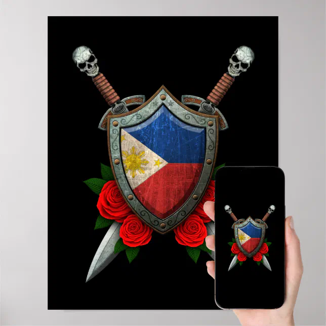 Worn Filipino Flag Shield and Swords with Roses Poster | Zazzle