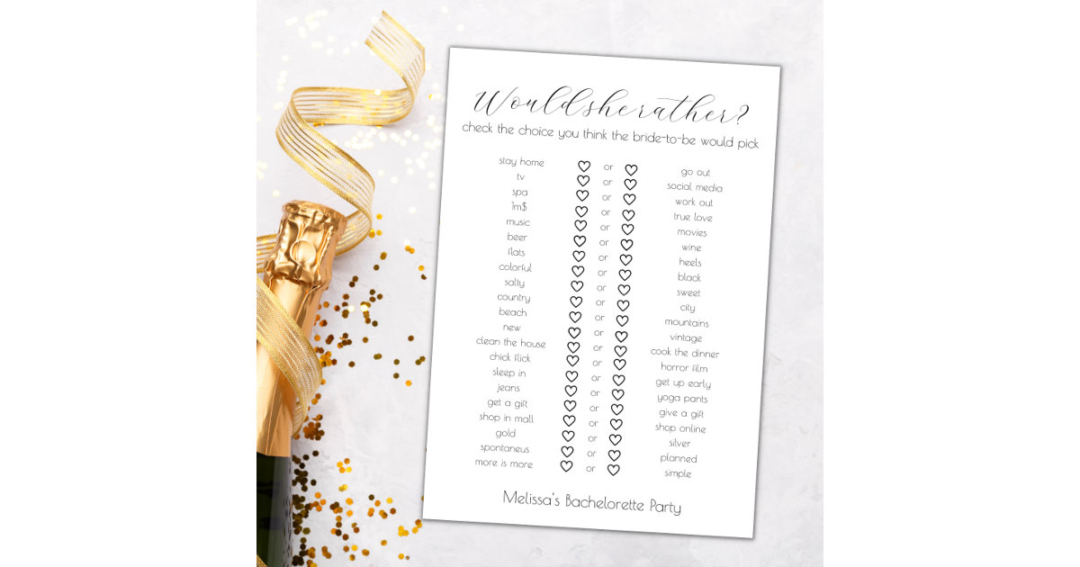 Would She Rather Bachelorette Party Game Card | Zazzle Would She Rather Bachelorette Party Game Card | Zazzle
