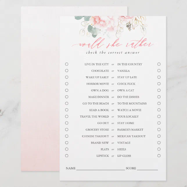 Would She Rather Greenery Pink Floral Bridal Game | Zazzle