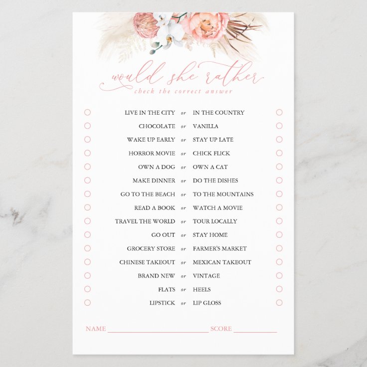 Would She Rather Pink Floral Bridal Game | Zazzle