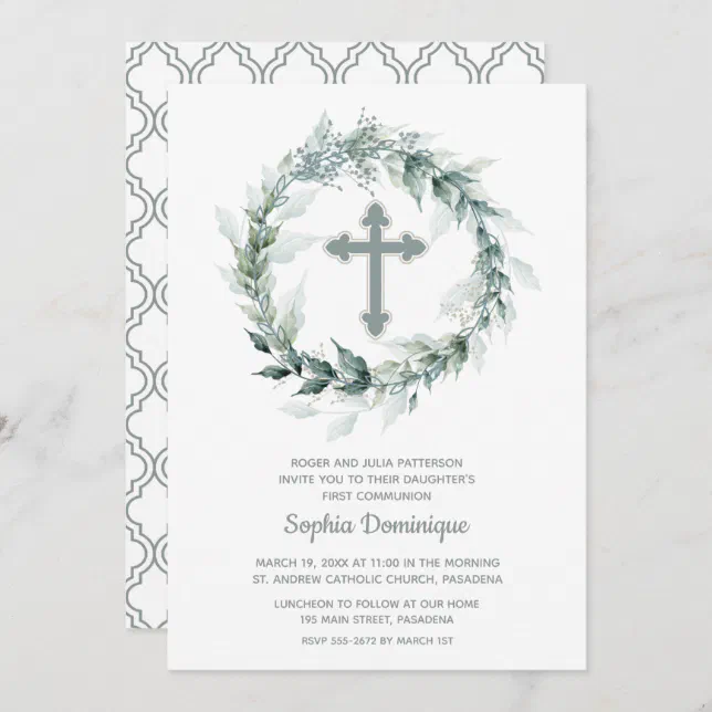 Wreath and Cross First Communion Invitations | Zazzle
