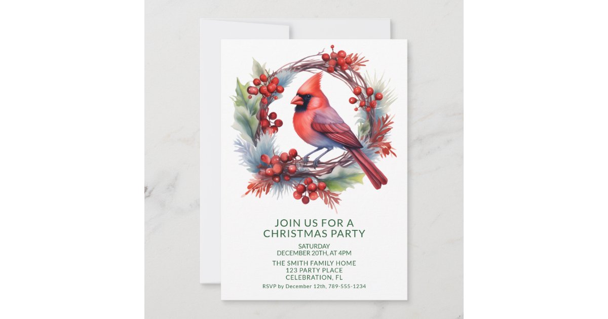 Wreath Cardinal with Green Font Party Invitation | Zazzle