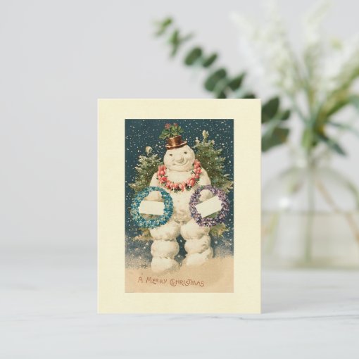 Wreath Decorated Snowman Postcard | Zazzle