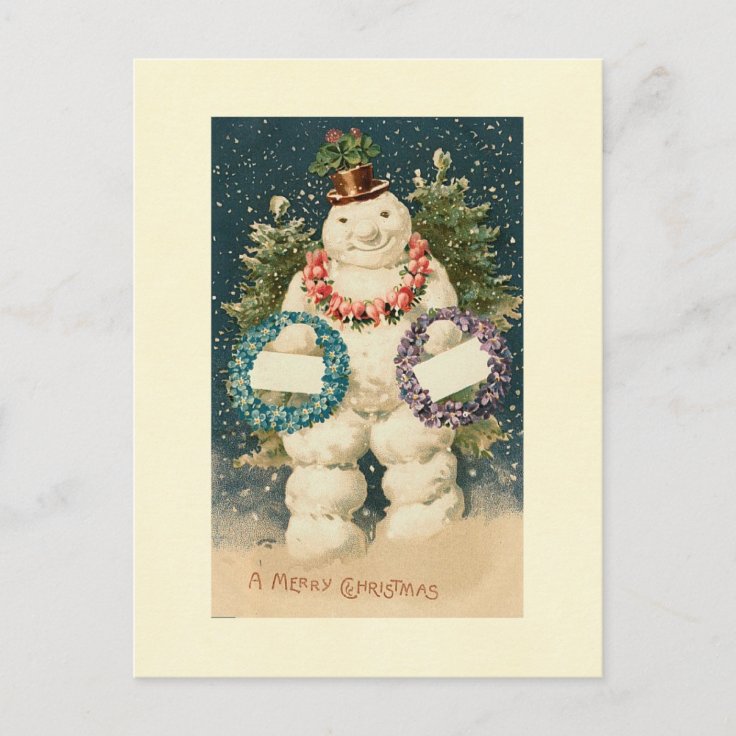 Wreath Decorated Snowman Postcard | Zazzle