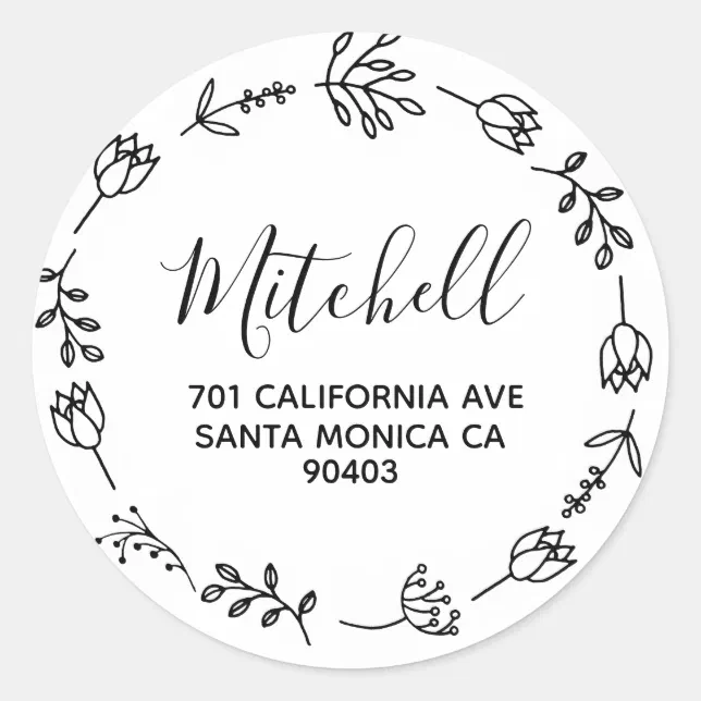 wreath design family address classic round sticker | Zazzle