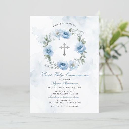 Wreath Dusty Blue First Holy Communion Invitation | Zazzle
