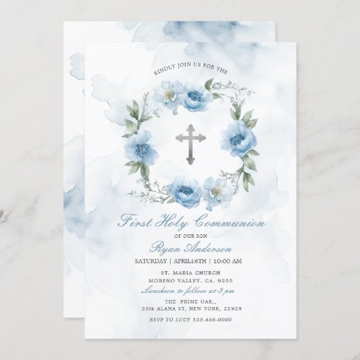 Wreath Dusty Blue First Holy Communion Invitation | Zazzle