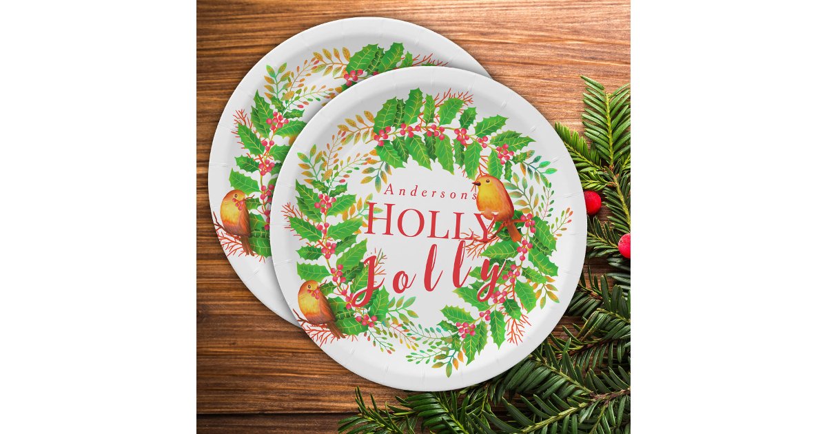 Wreath Holly Jolly White Paper Plates | Zazzle