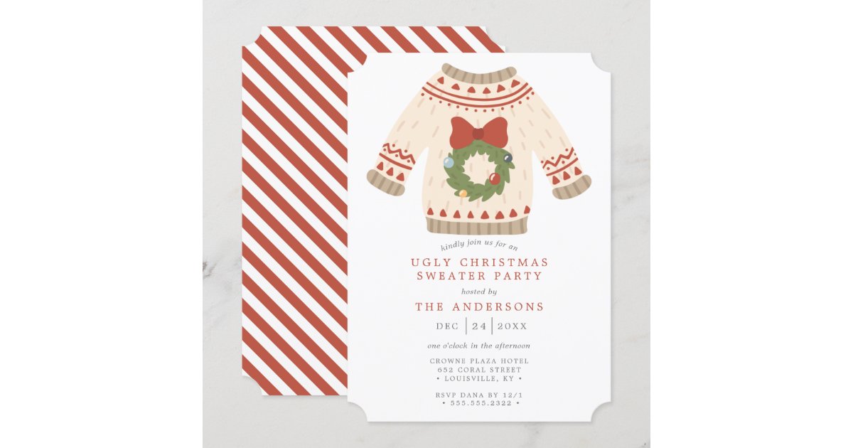 Wreath Tacky Ugly Christmas Sweater Party Invitation | Zazzle