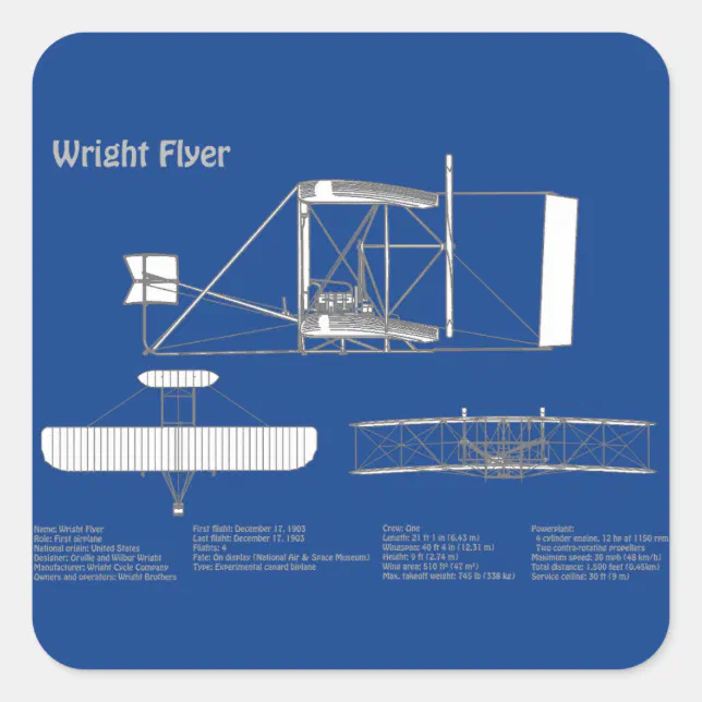 Wright Flyer- Airplane Blueprint Drawing Plans ABD Square Sticker | Zazzle