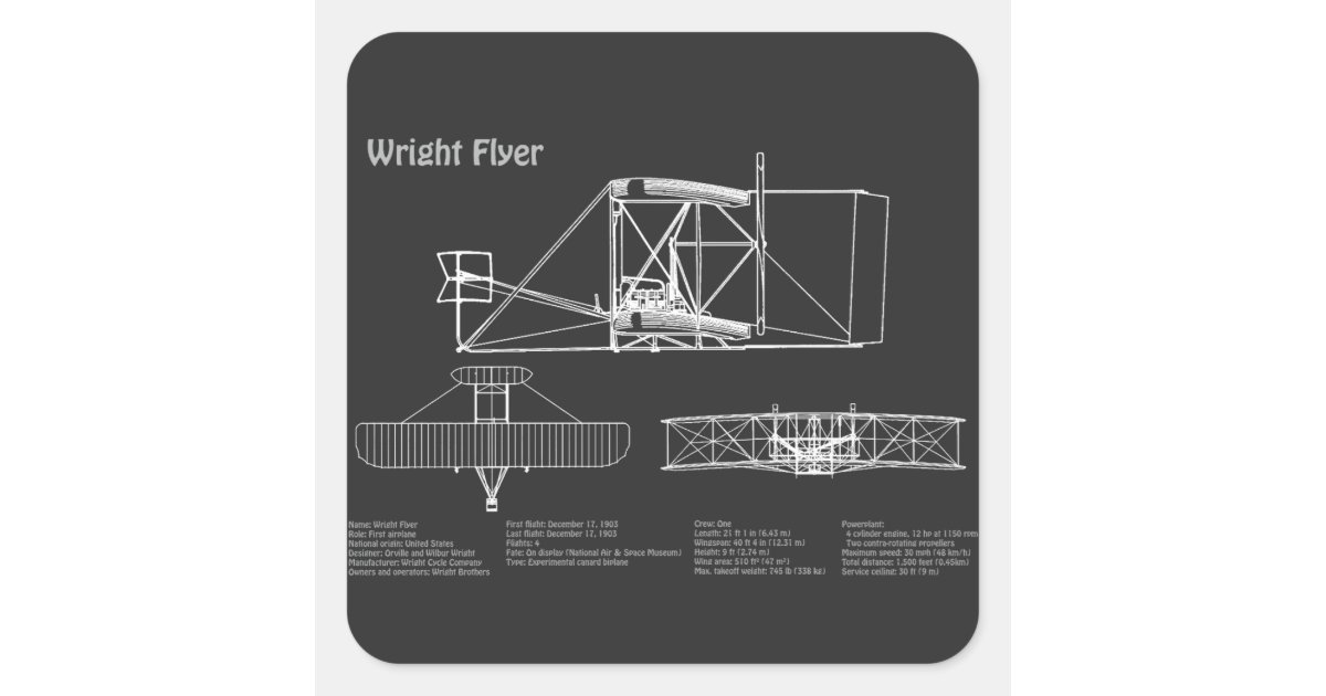 Wright Flyer- Airplane Blueprint Drawing Plans PD Square Sticker | Zazzle