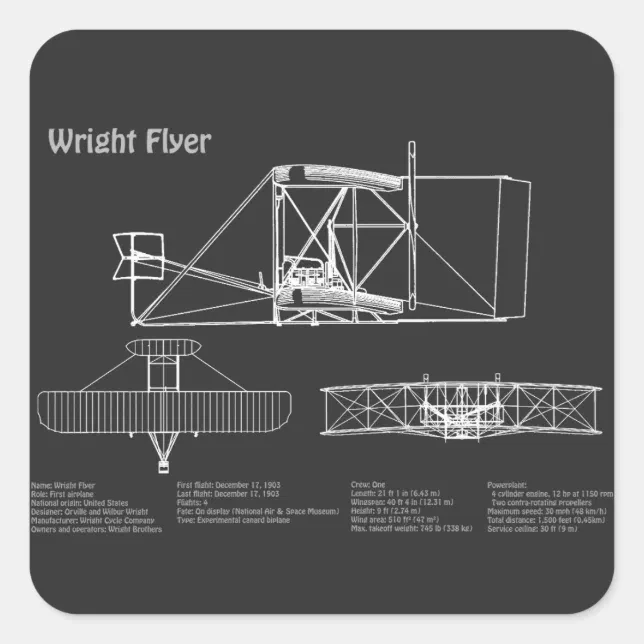 Wright Flyer- Airplane Blueprint Drawing Plans PD Square Sticker | Zazzle