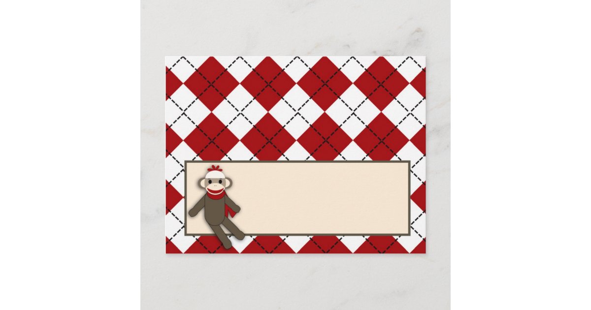 Writable Place Card Red Sock Monkey Argyle | Zazzle