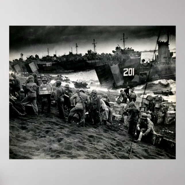 WWII Marines offload Supplies on Iwo Jima Poster | Zazzle