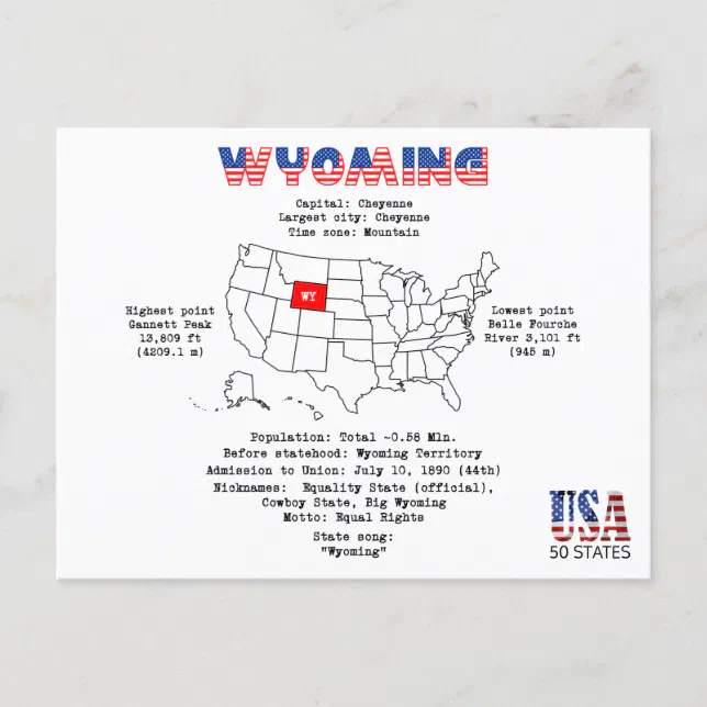 Wyoming American state on a map and useful info Holiday Postcard | Zazzle