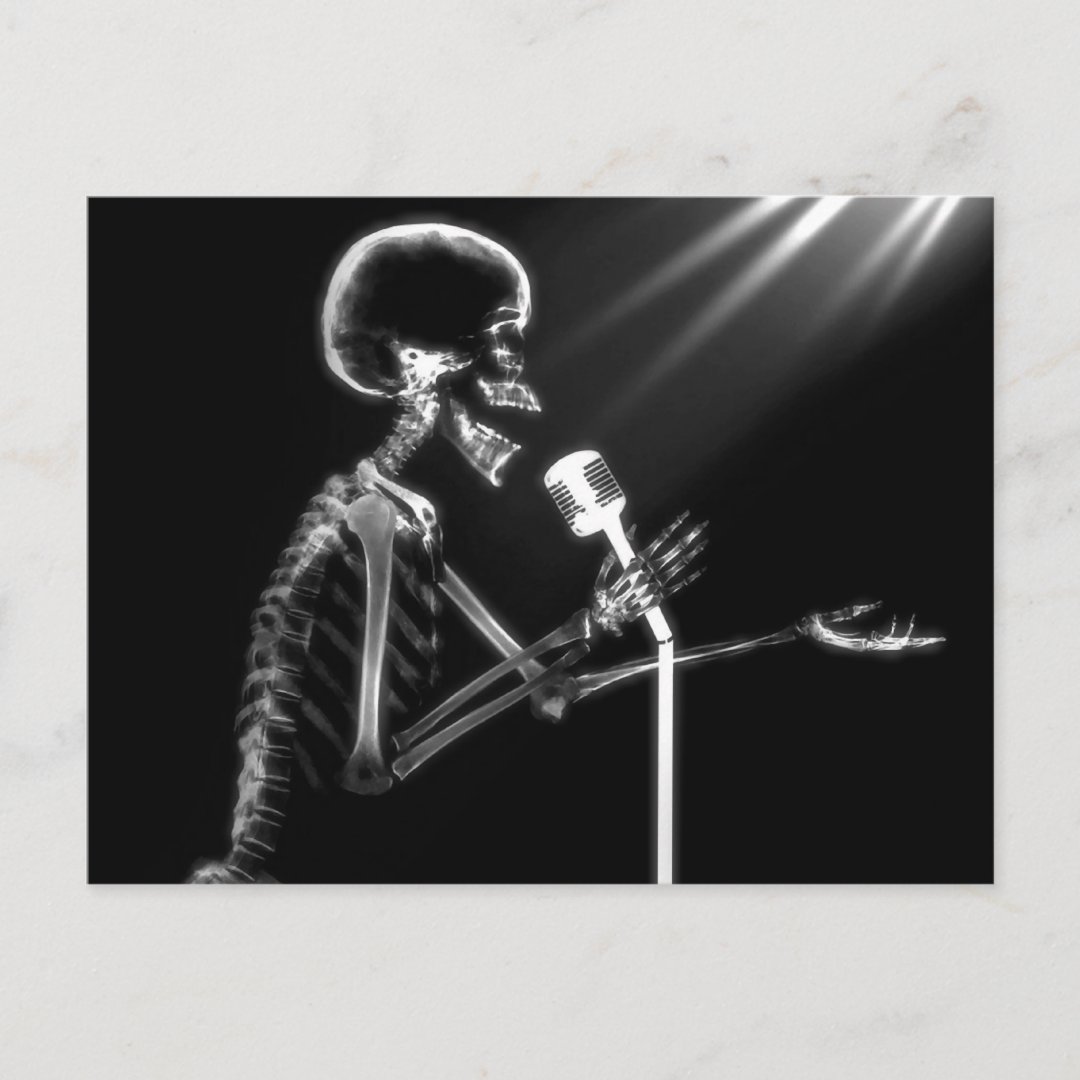 X-RAY SKELETON SINGING ON RETRO MIC - B&W POSTCARD | Zazzle