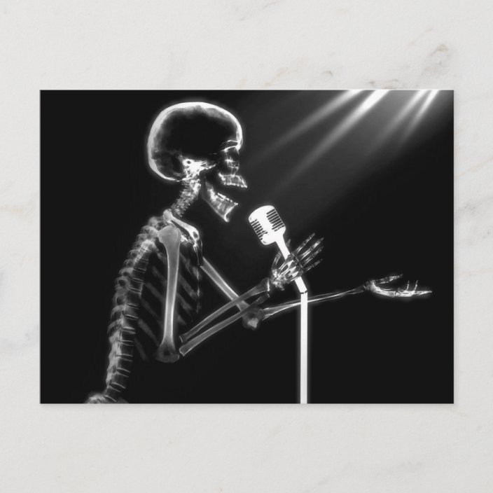 X-RAY SKELETON SINGING ON RETRO MIC - B&W POSTCARD | Zazzle