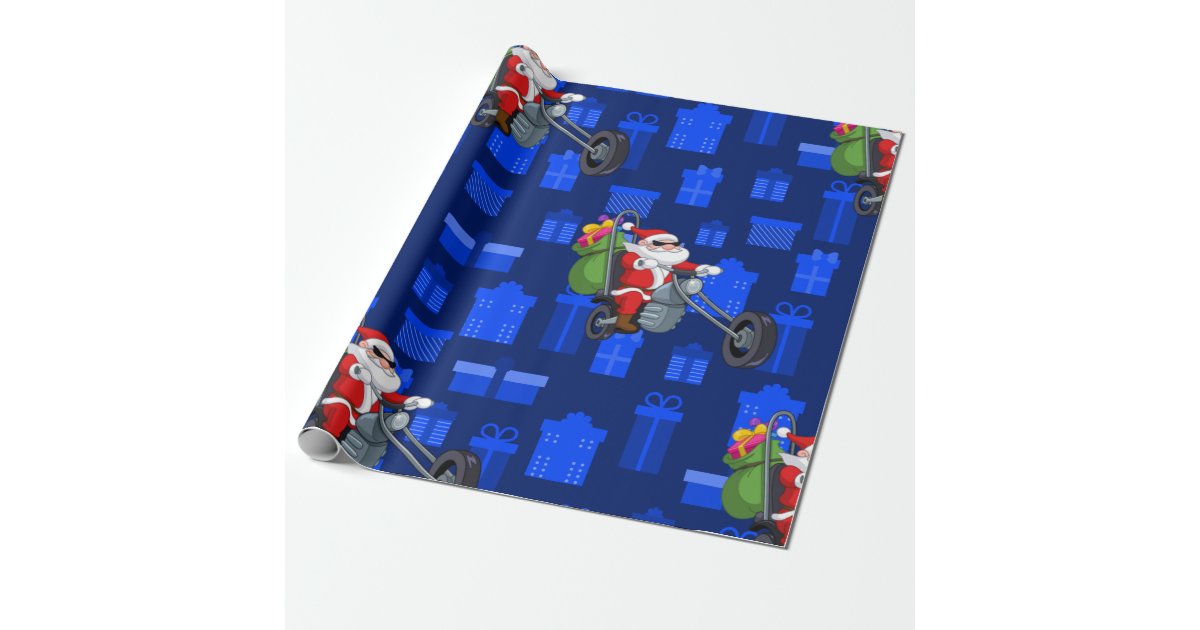 xmas biker santa claus wrapping paper | Zazzle