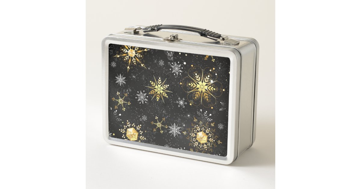 Xmas Golden Snowflakes on Black Background Metal Lunch Box | Zazzle