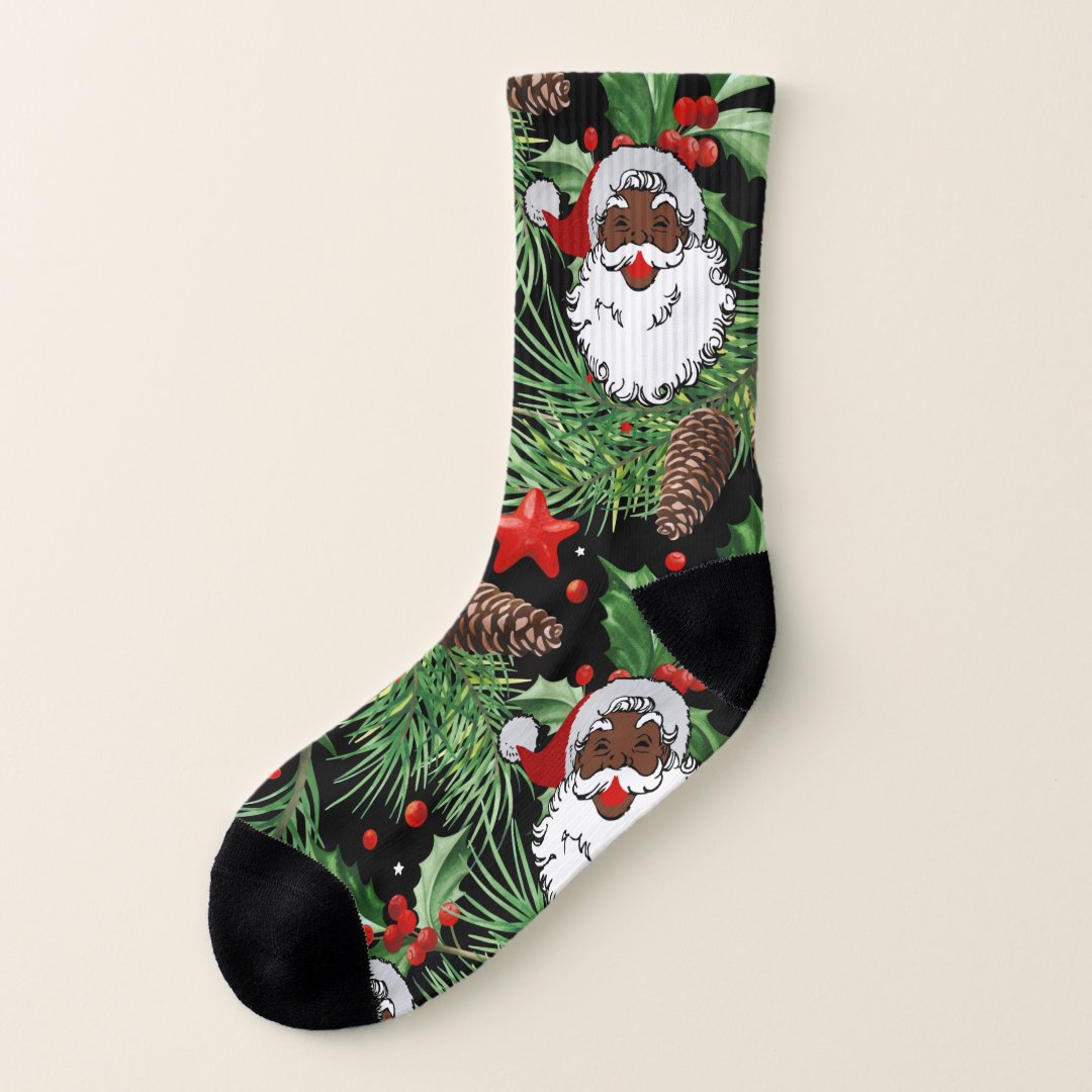 xmas holly black santa claus socks | Zazzle