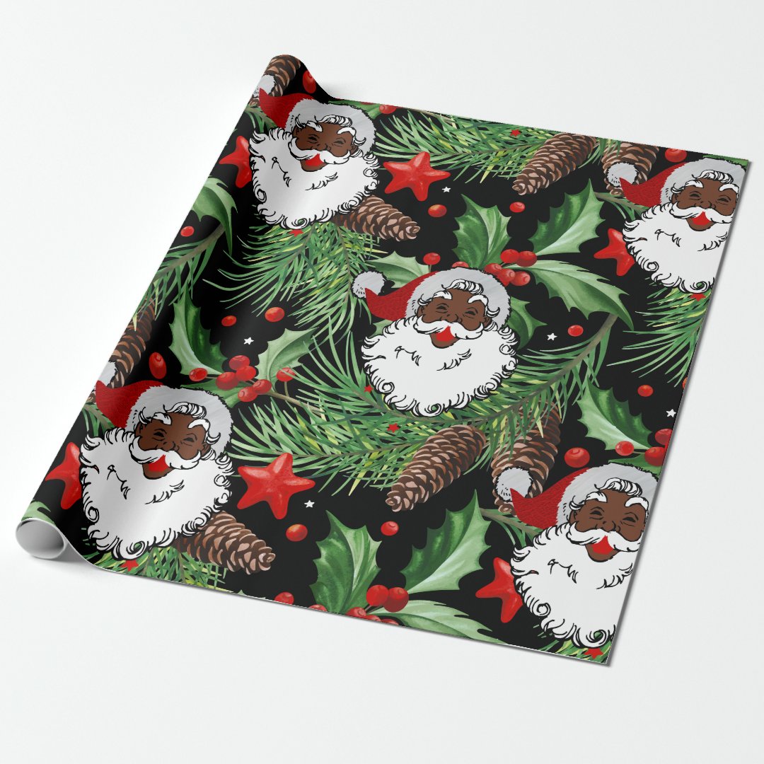 xmas holly black santa claus wrapping paper | Zazzle
