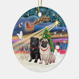 Xmas Magic - Pugs (TWO-fawn+black) Ceramic Ornament | Zazzle