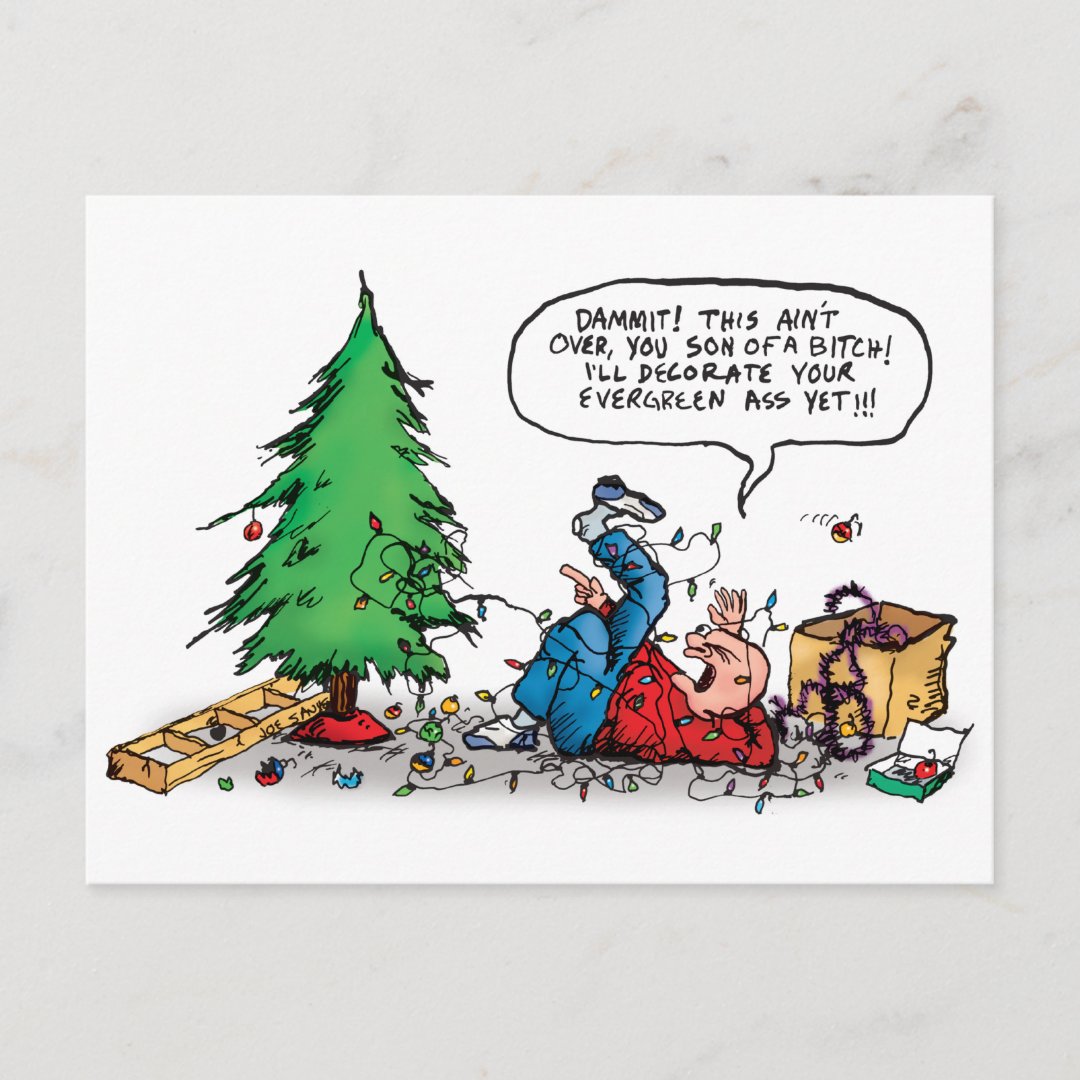 Xmas Tree Fight Holiday Postcard | Zazzle