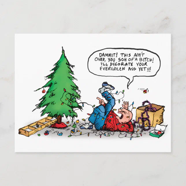 Xmas Tree Fight Holiday Postcard | Zazzle