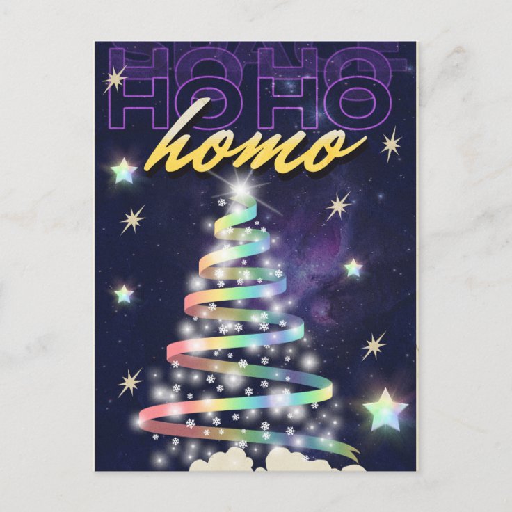 Xmas tree rainbow glitter Ho Ho Homo Funny LGBT Holiday Postcard | Zazzle