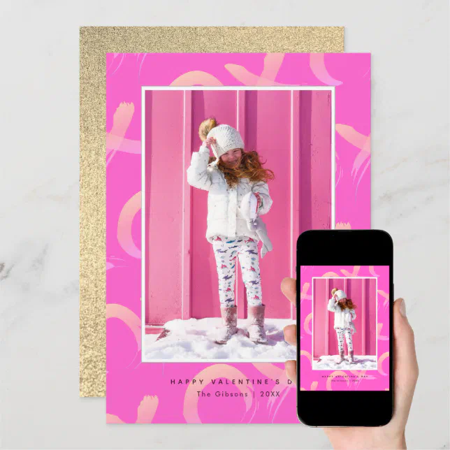 XO Pattern Neon Pink Photo Valentine's Day Card | Zazzle