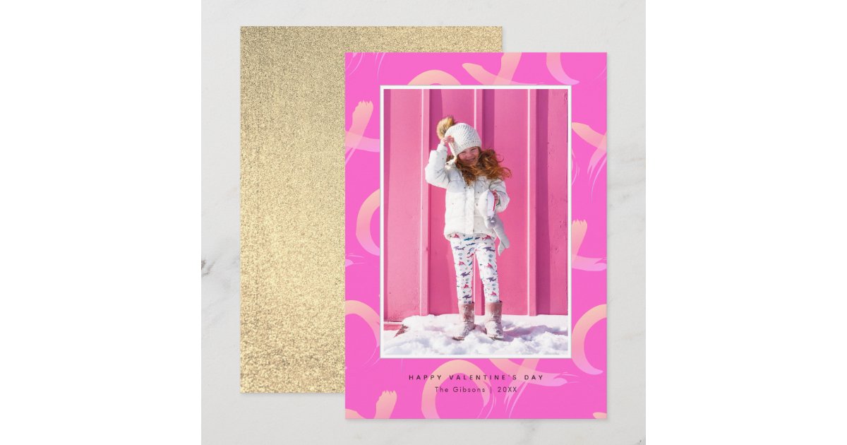 XO Pattern Neon Pink Photo Valentine's Day Card | Zazzle