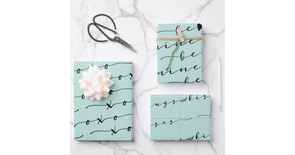 XO XO Be Mine Mint & Black Calligraphy Valentine Wrapping Paper Sheets ...