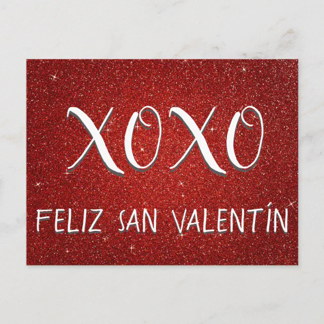 XOXO Feliz San Valentín Red Sparkle and Glitter Postcard | Zazzle