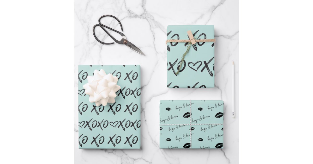 XOXO Hugs & Kisses Brush Script Black & Mint Wrapping Paper Sheets | Zazzle