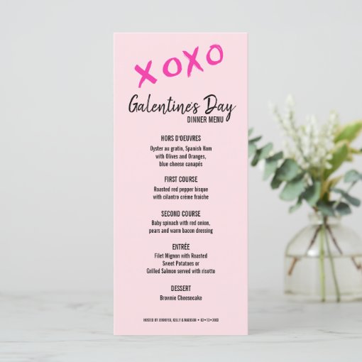 XOXO Pink girly Galentine's day party dinner Menu | Zazzle