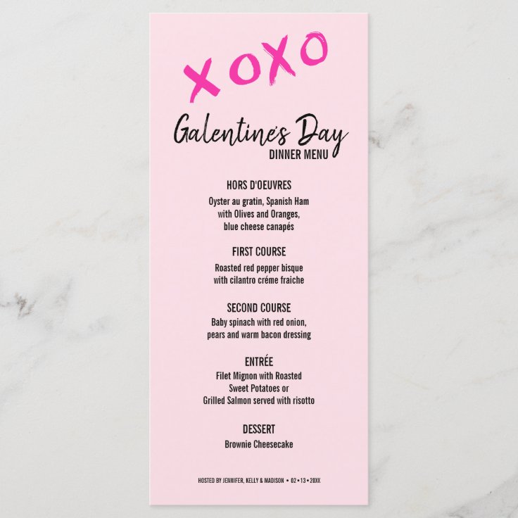 XOXO Pink girly Galentine's day party dinner Menu | Zazzle