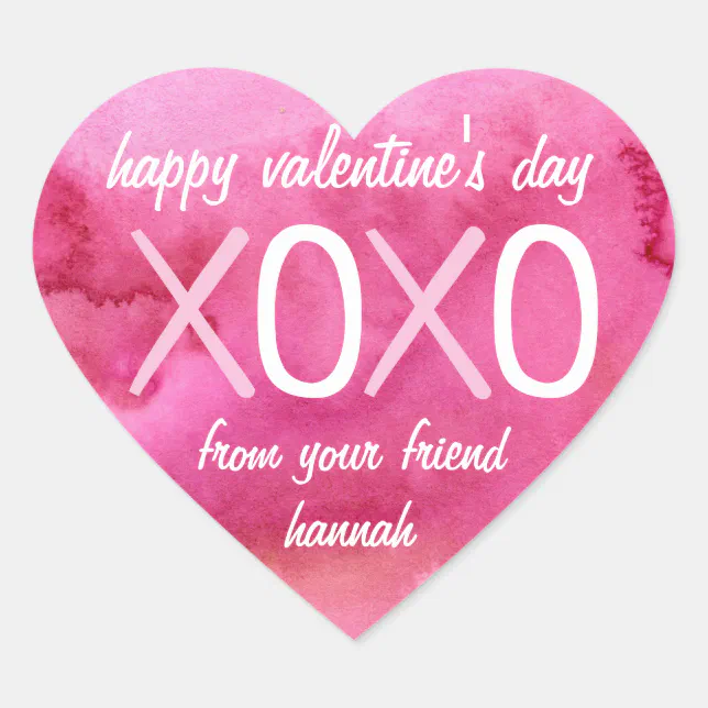 XOXO Pink Watercolor Kids Valentine's Day Party Heart Sticker | Zazzle