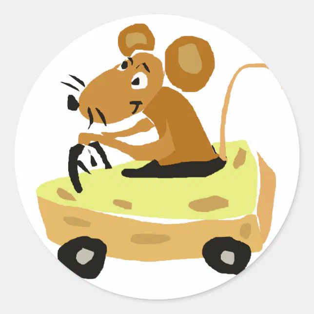 XX- Mouse Driving a Cheese Car Cartoon Classic Round Sticker | Zazzle