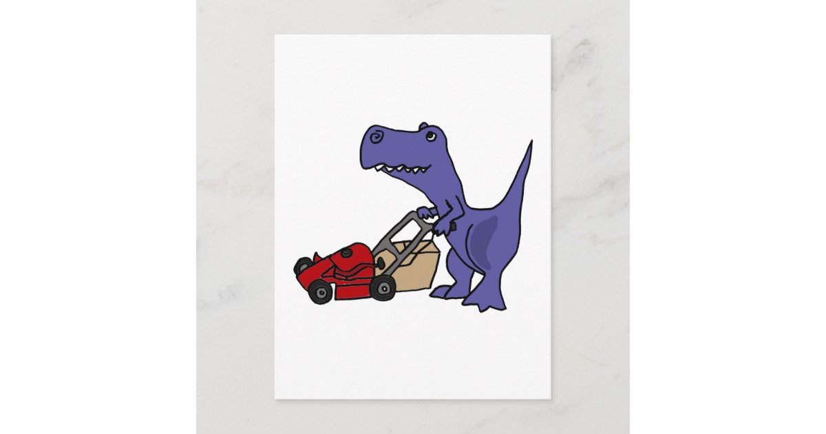 XX- T-rex Dinosaur Pushing Lawn Mower Postcard | Zazzle