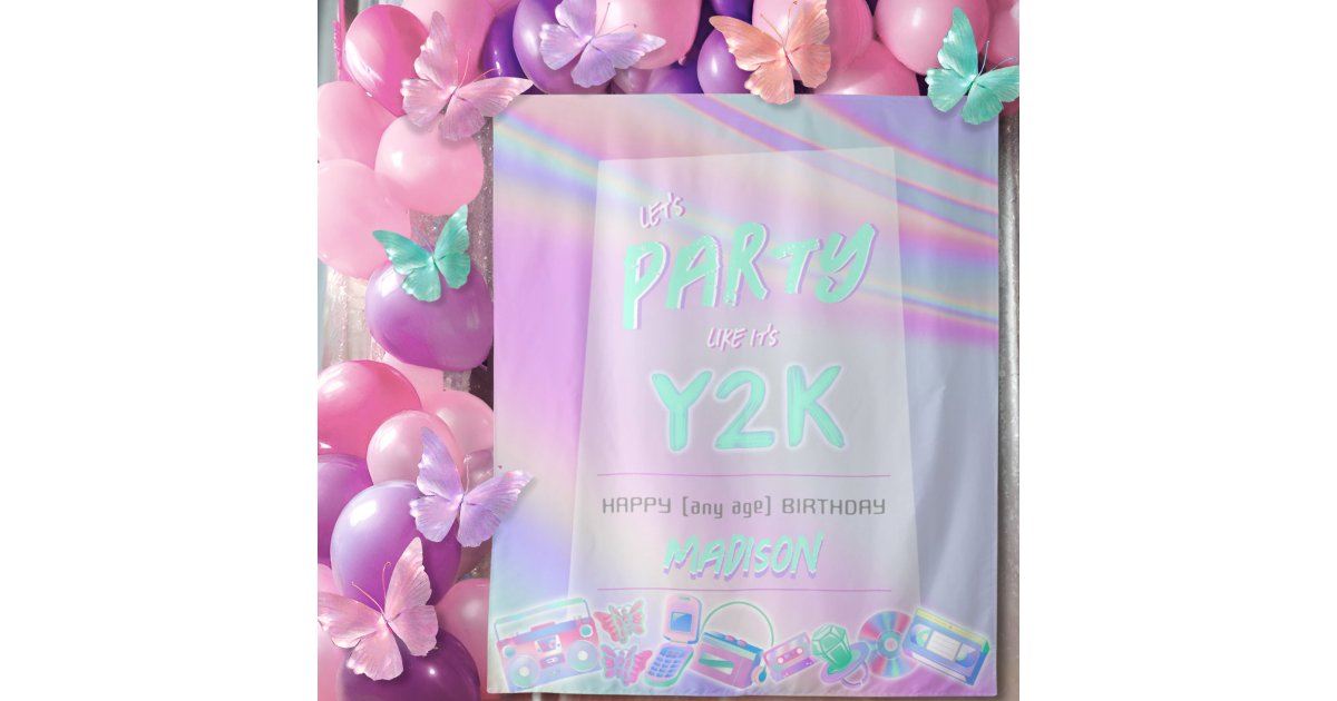 Y2K birthday party iridescent rainbow backdrop | Zazzle